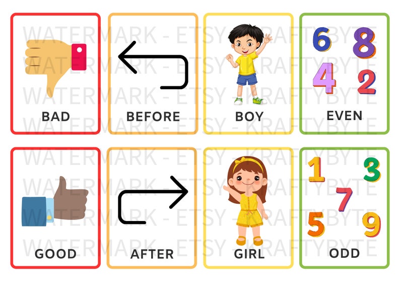 112 Opposite Printable Flashcards for Kids, Educational Learning Cards ...