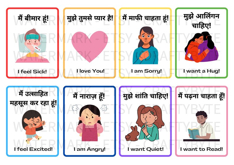 56 English Hindi Visual Aids, Bilingual Communication Flashcards ...
