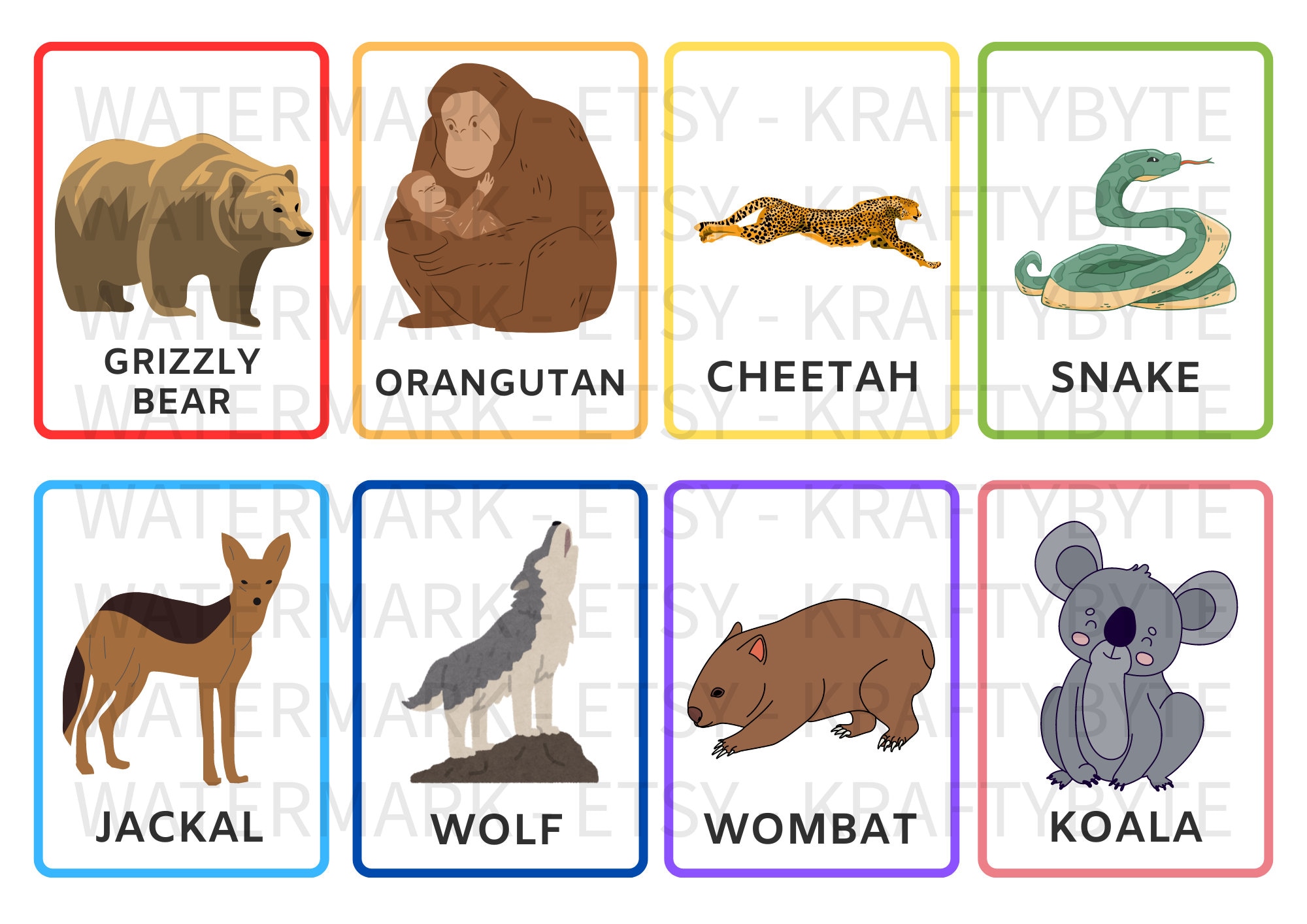 56 Printable Learning Wild Animals Flashcards for Kids, Zoo Hunting ...