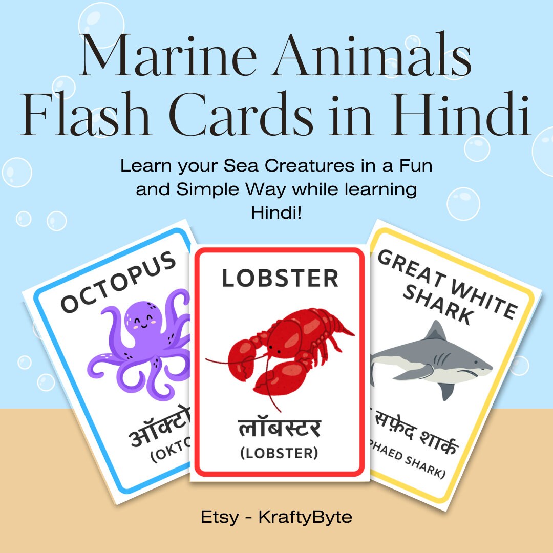 56 Marine Animal Printable Flashcards, English and Hindi Learning Cards ...