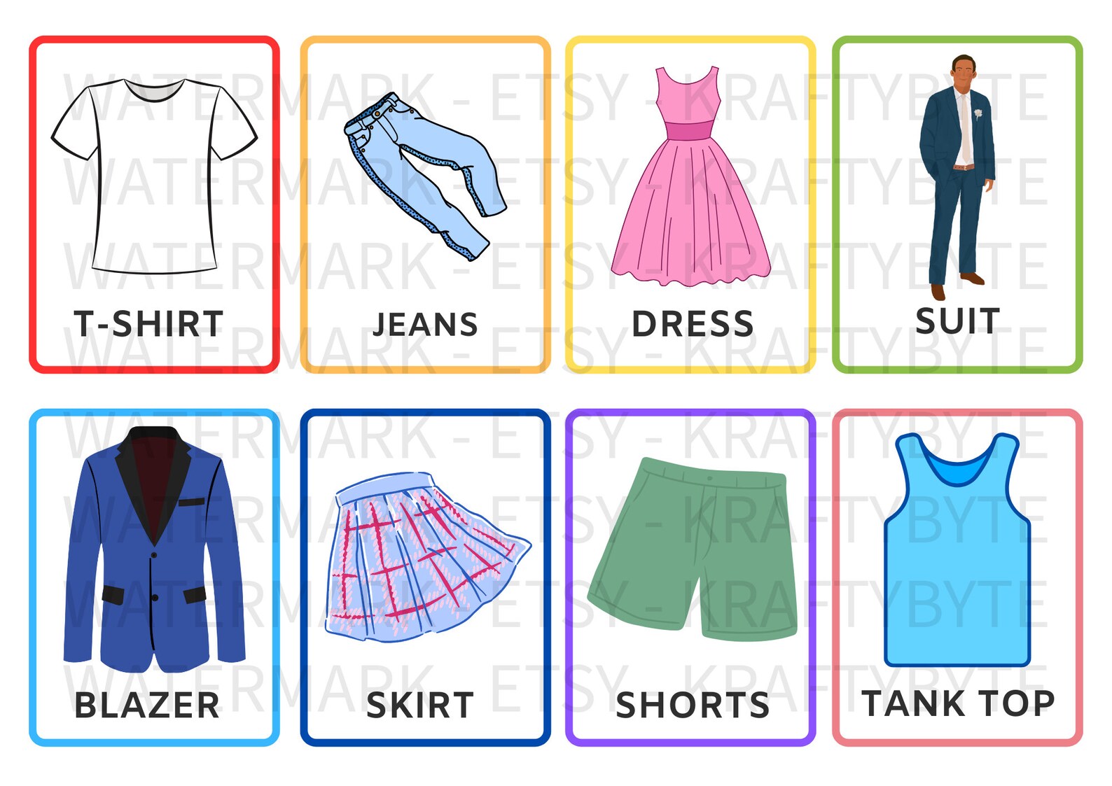 40 Clothing and Accessories Flashcards for Kids, Printable Learning ...