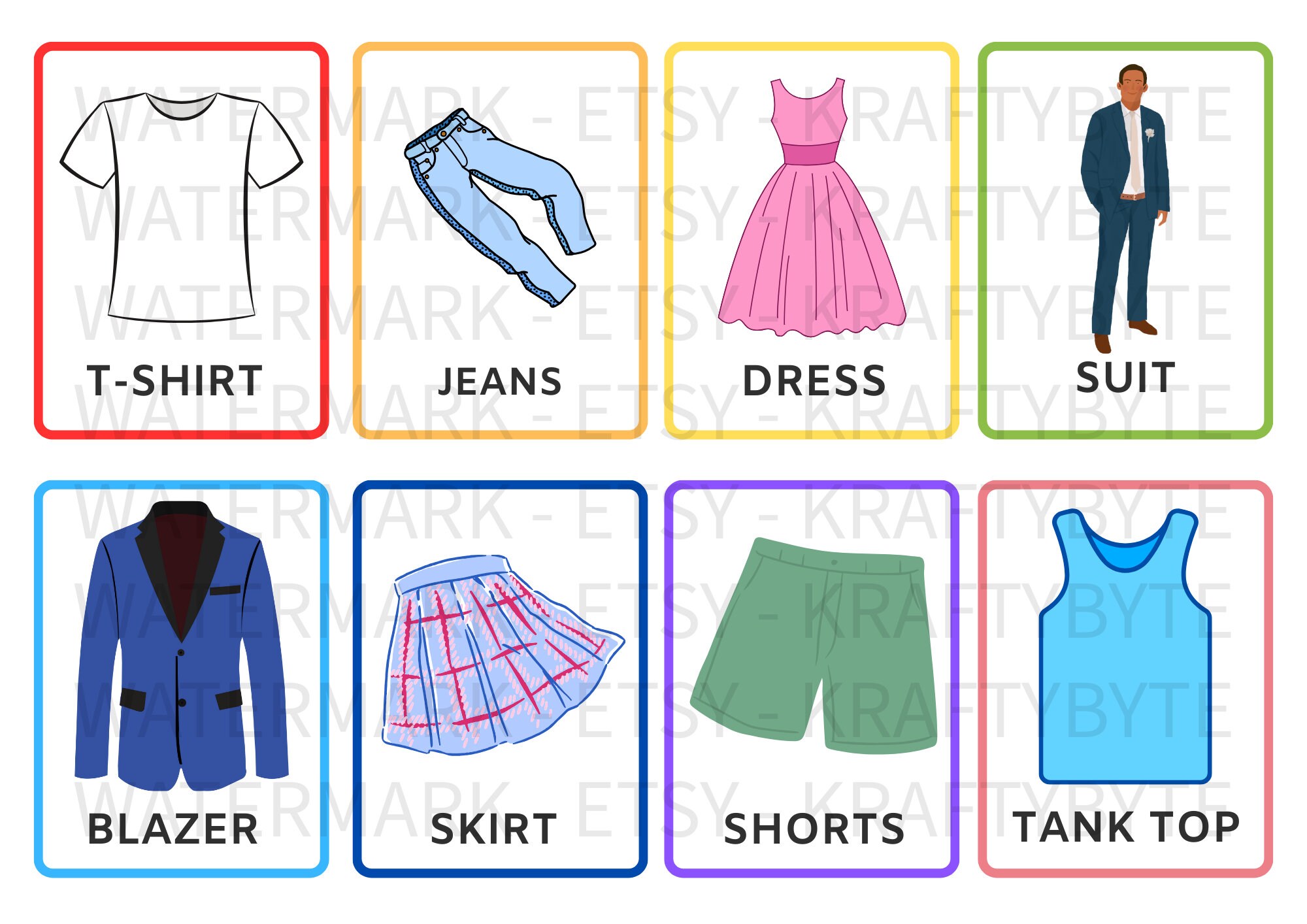 40 Clothing and Accessories Flashcards for Kids, Printable Learning ...
