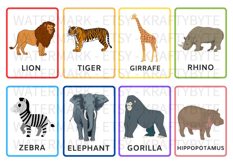 56 Printable Learning Wild Animals Flashcards for Kids, Zoo Hunting ...