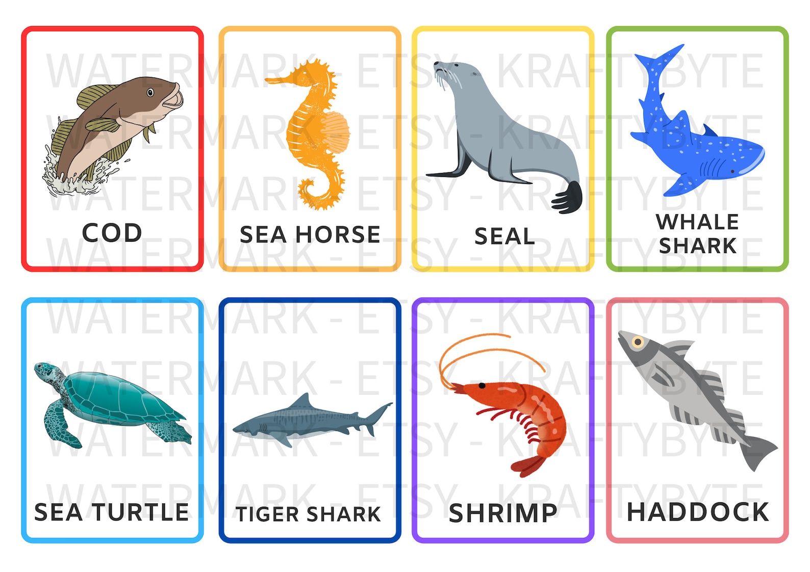 56 Printable Learning Sea Marine Animals Flashcards for Kids, Aquarium ...