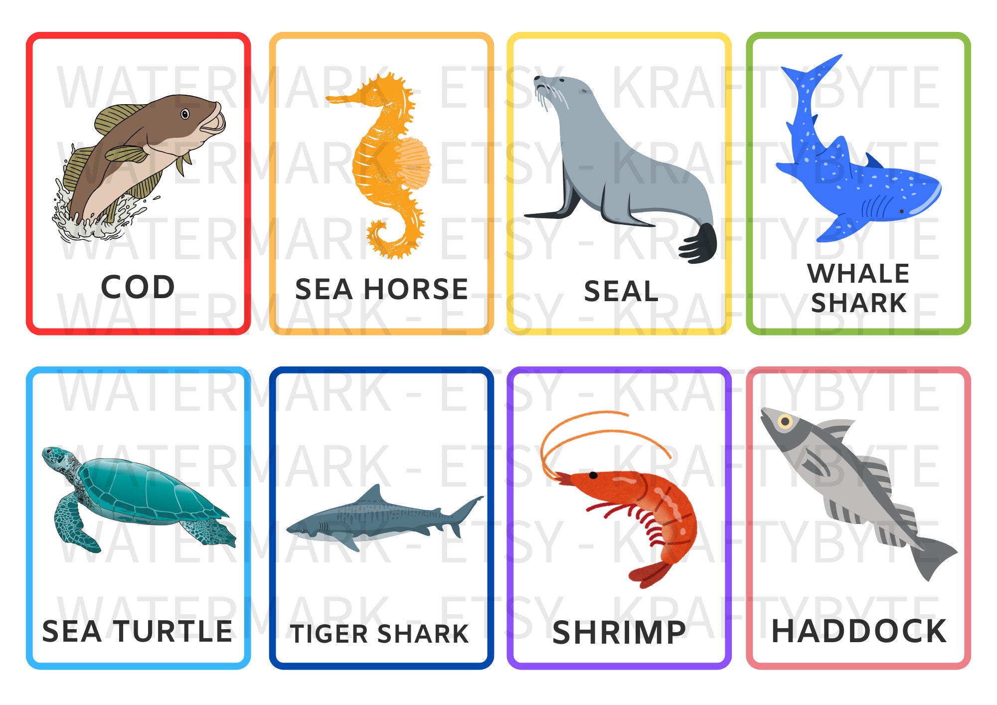 56 Printable Learning Sea Marine Animals Flashcards for Kids, Aquarium ...