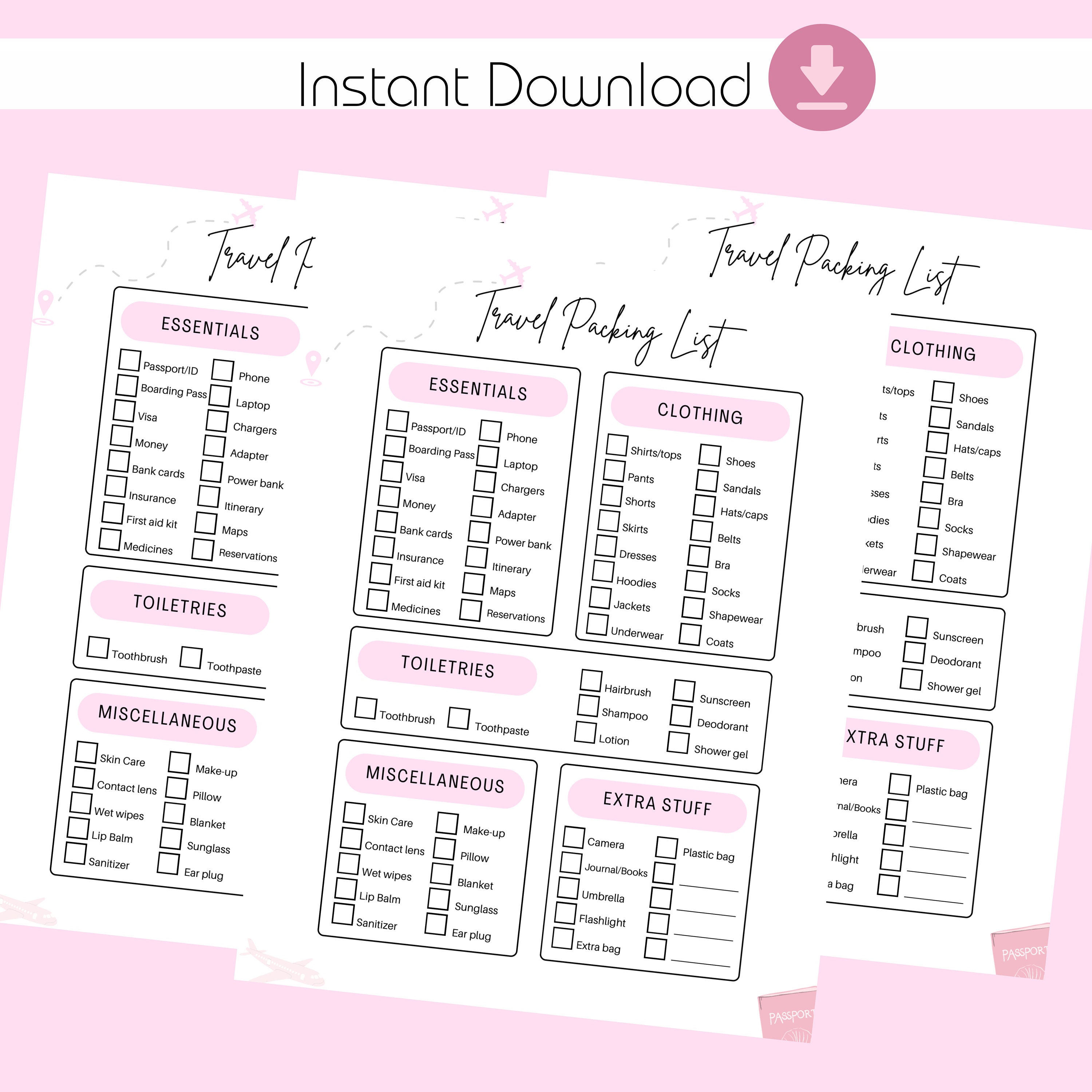 Printable Travel Packing Checklist Travel Packing List - Etsy