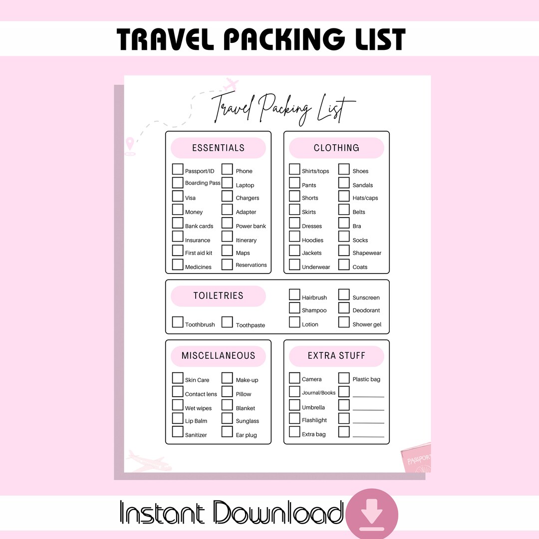 Printable Travel Packing Checklist Travel Packing List - Etsy