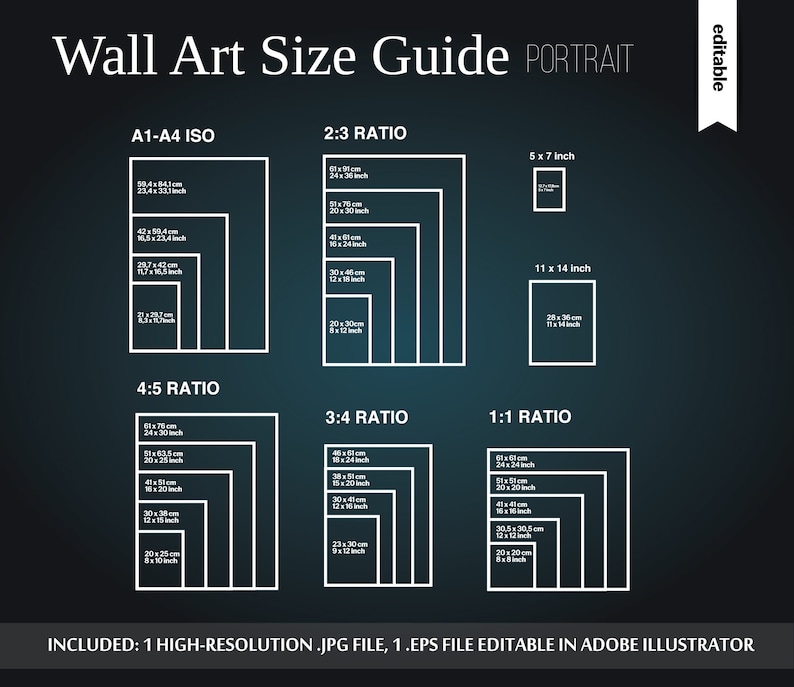 Editable Wall Art Size Guide, Print Size Guide, Wall Art Ratio Guide, Frame Size Guide ...