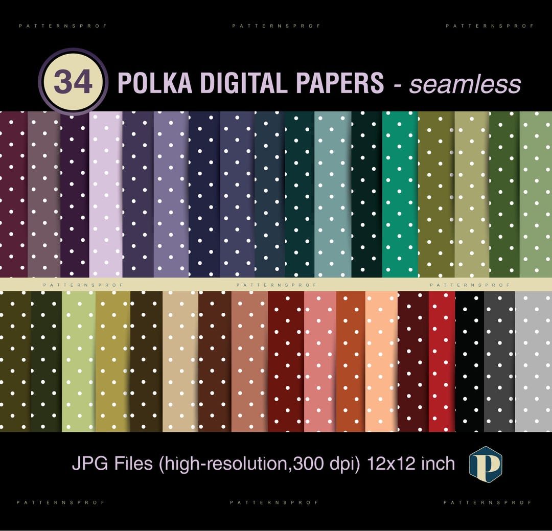 Polka Digital Papers, 34 Seamless Dot Patterns, Multicolor Digital ...