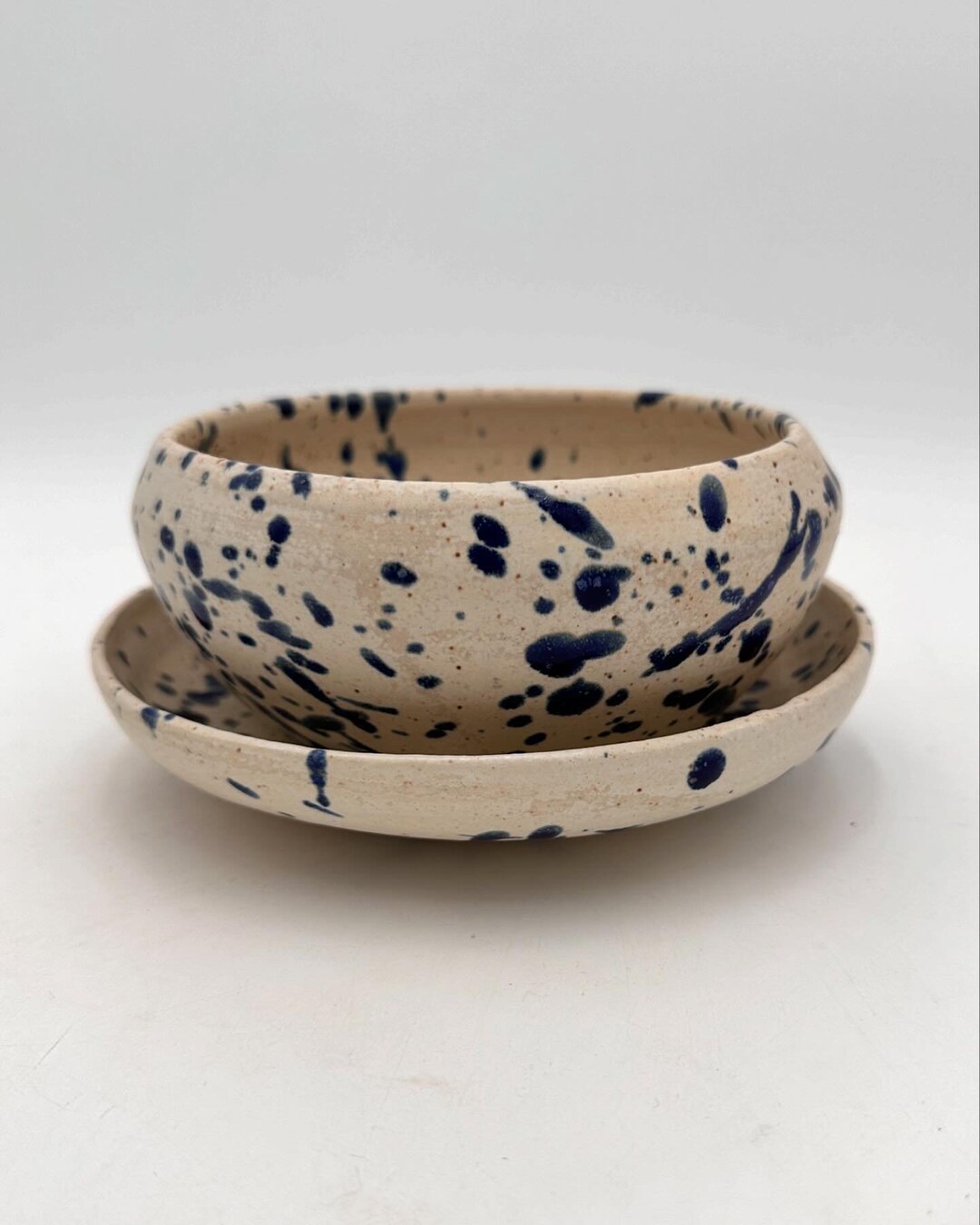 Handmade Ceramic Stoneware Bowl & Plate Combo Blue Over Oatmeal ...