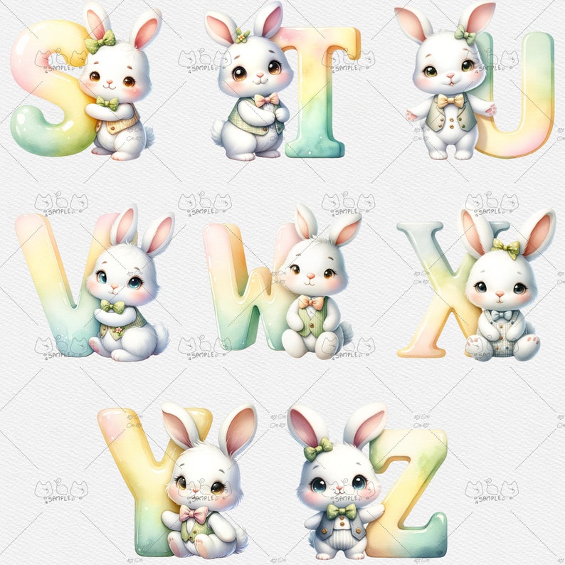 Adorable Easter Bunny Digital Alphabet and Numbers Set - 36 Piece ...