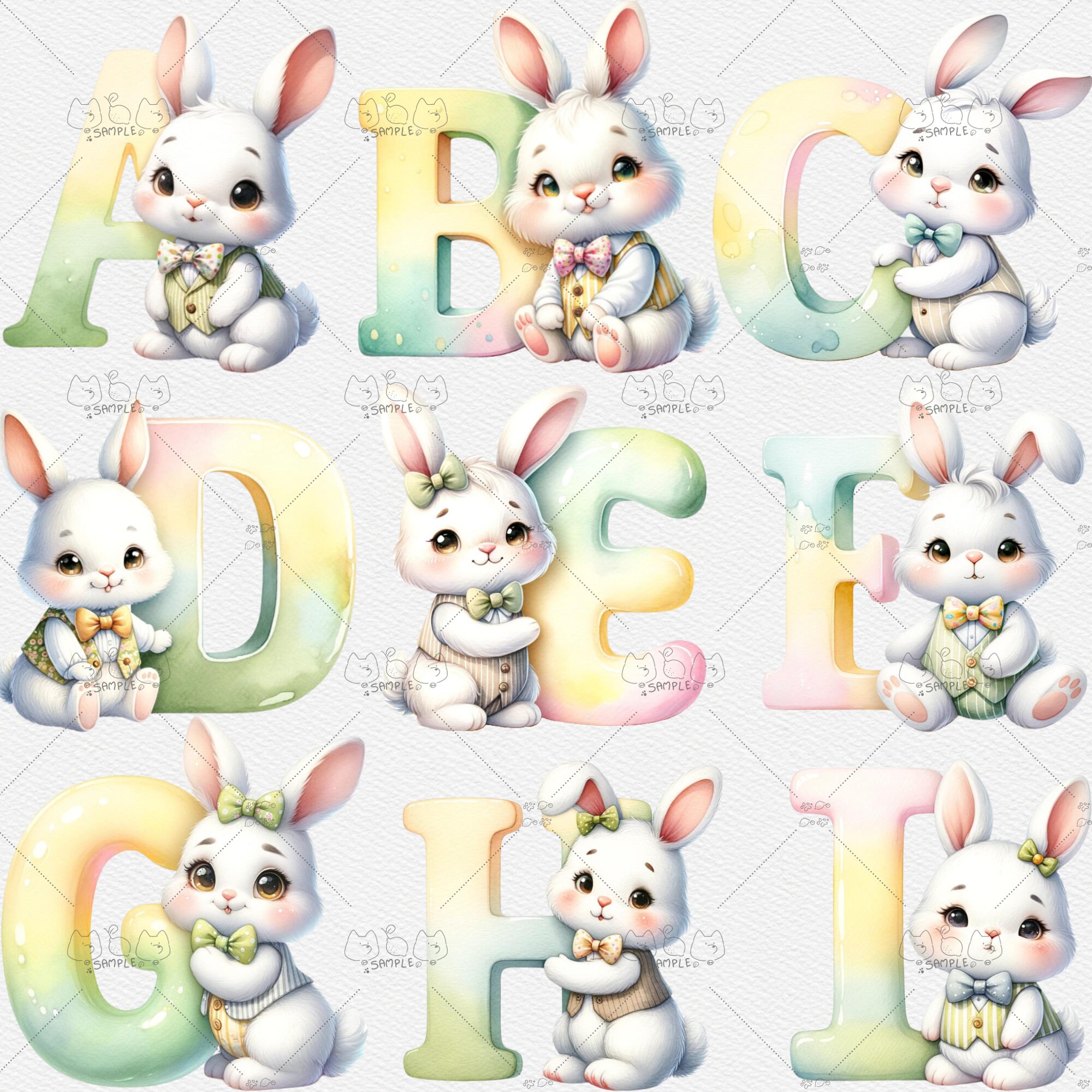 Adorable Easter Bunny Digital Alphabet and Numbers Set - 36 Piece ...