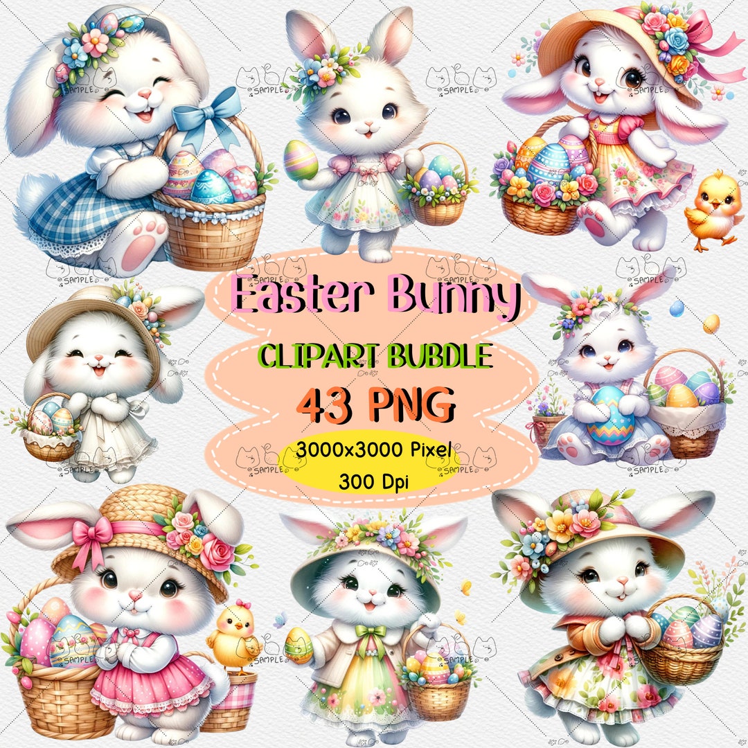 Sweet Easter Bunny Clipart Collection, Watercolor Clipart, Easter Bunny ...