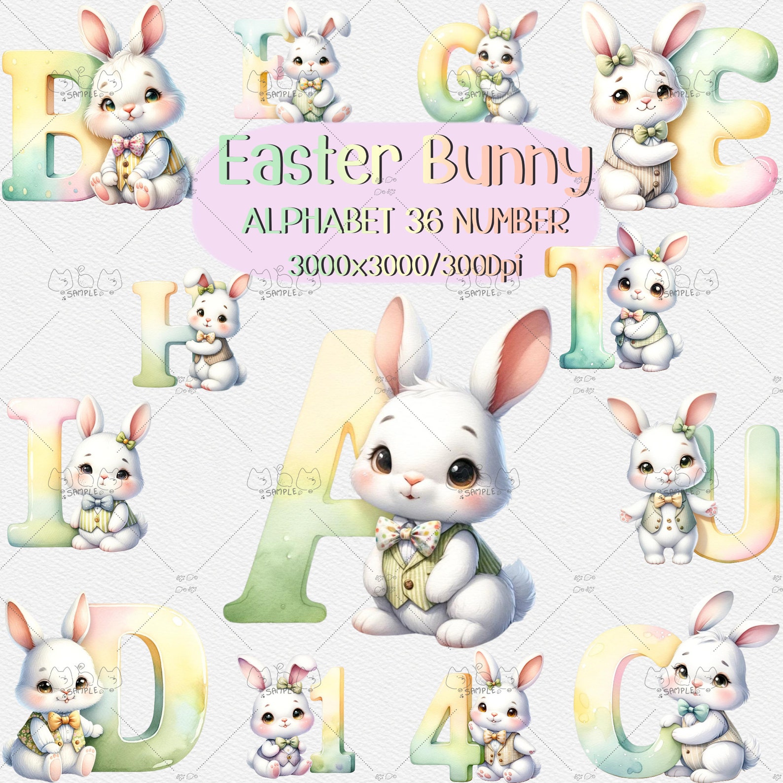 Adorable Easter Bunny Digital Alphabet and Numbers Set - 36 Piece ...