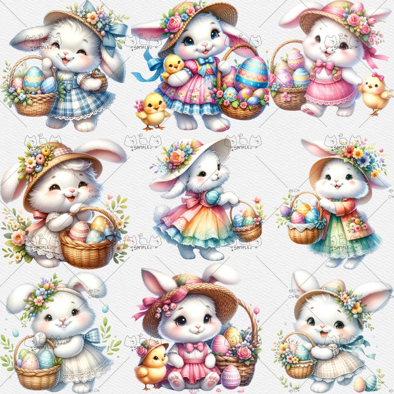 Sweet Easter Bunny Clipart Collection, Watercolor Clipart, Easter Bunny ...