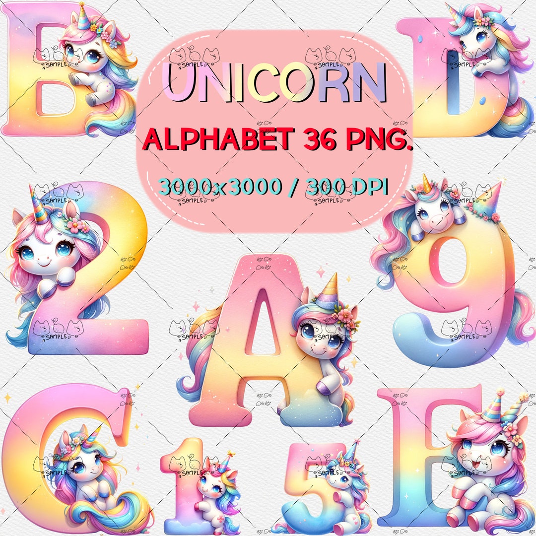 Magical Unicorn Alphabet Clipart - Full A-Z & Numbers, Vibrant Children ...