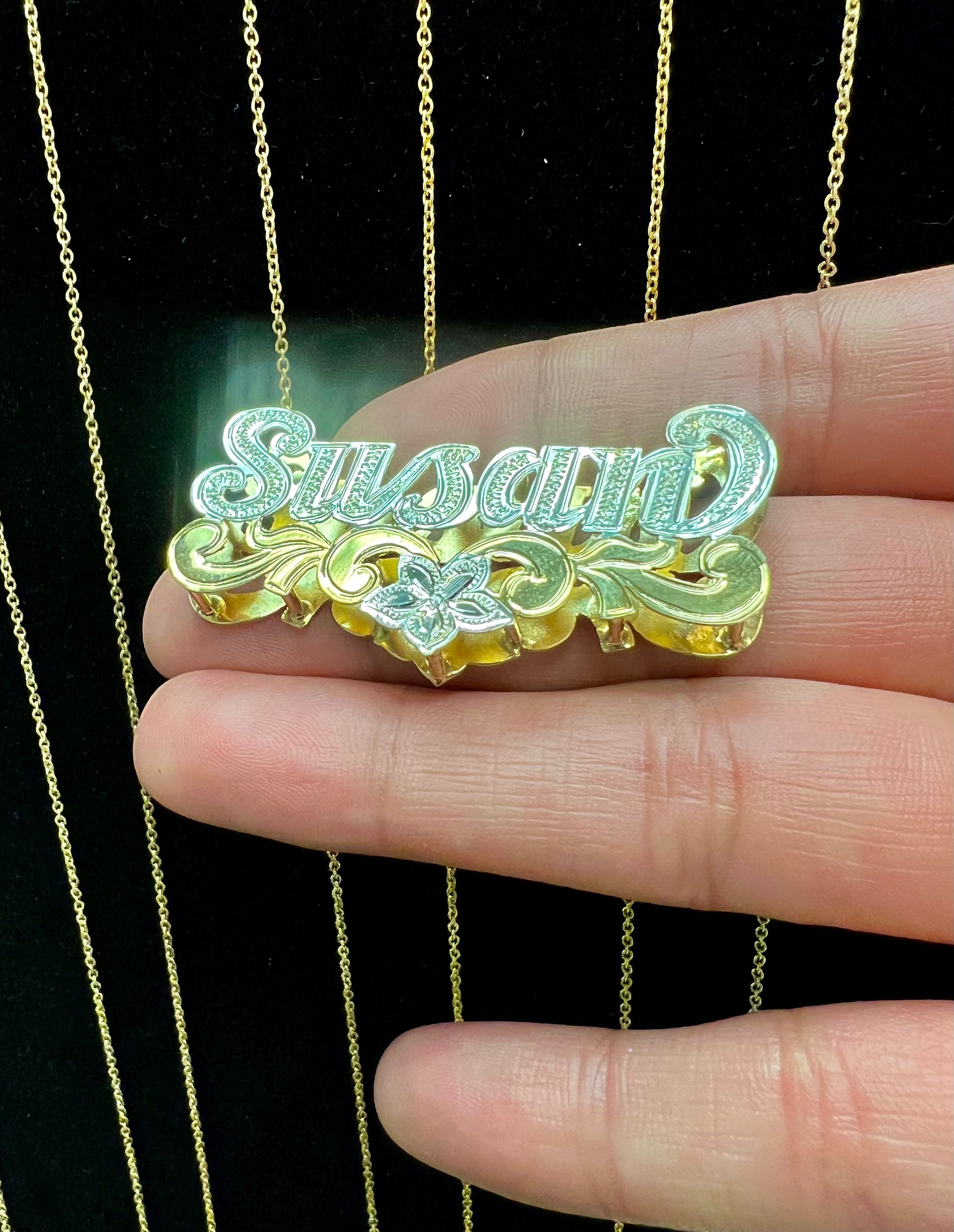 10k/14k Solid Gold Handmade XL Flower Double Name Charm, Personalized ...