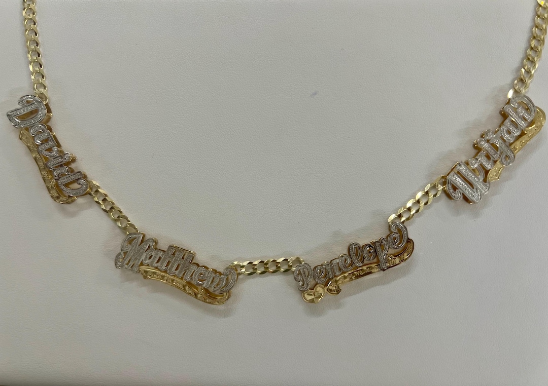 10k Solid Gold Personalized Double Names Necklace, Handmade Name Charms ...