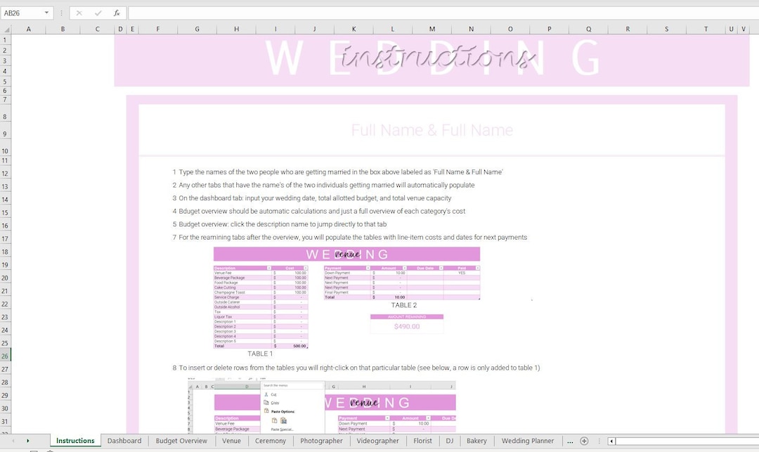 Wedding Budget Planner Digital Download (color: Pink) - Excel ...