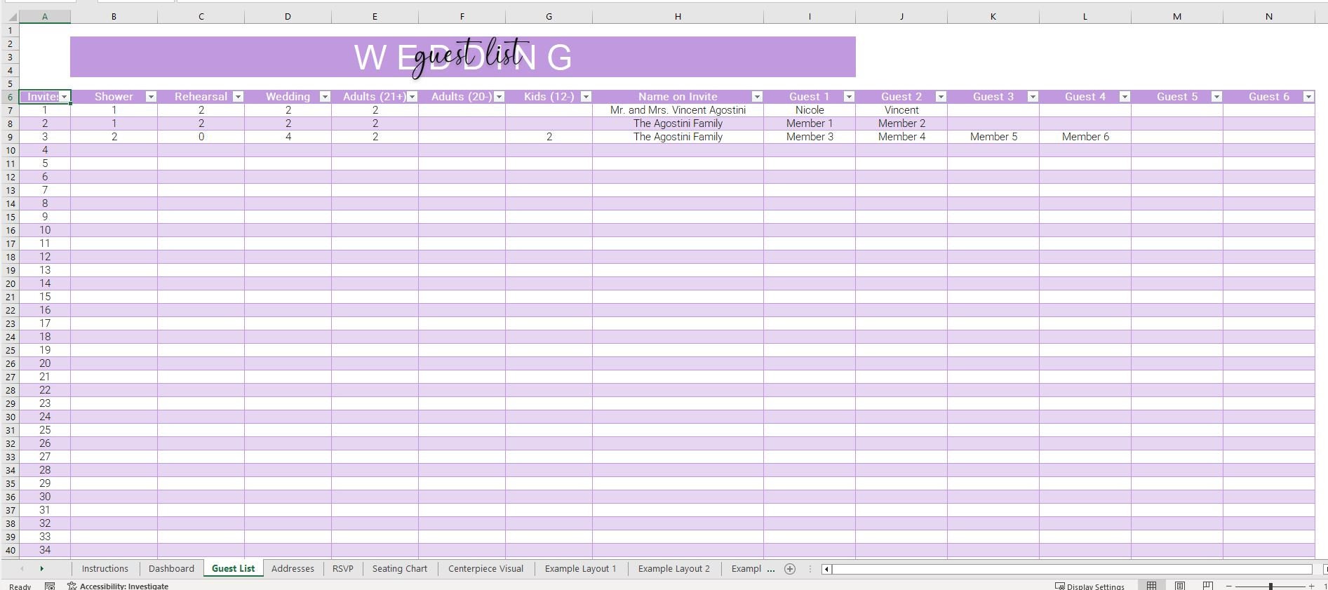 All-in-one Digital Download Wedding Planner color: Purple Excel ...