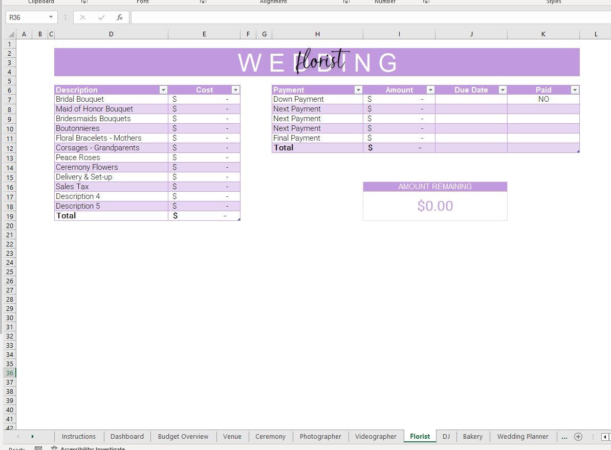 Wedding Budget Planner Digital Download color: Purple Excel ...