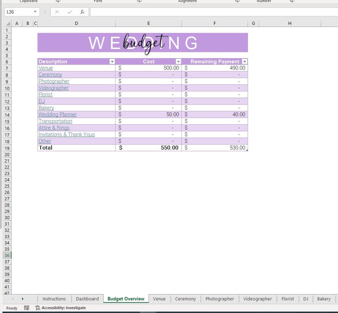 Wedding Budget Planner Digital Download color: Purple Excel ...