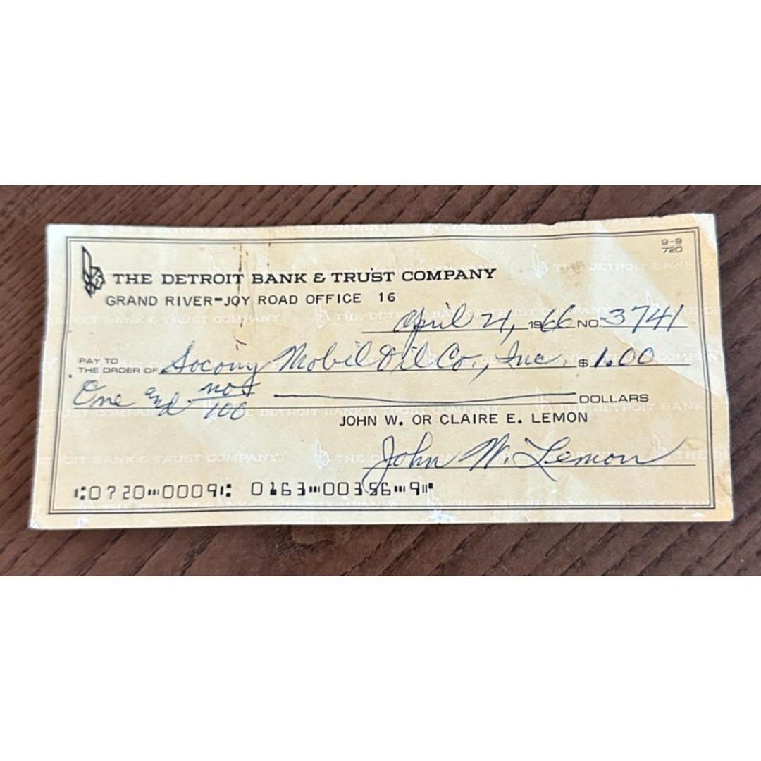 Vintage 1966 Check the Detroit Bank and Trust Company Mobil Gas Co 1 ...