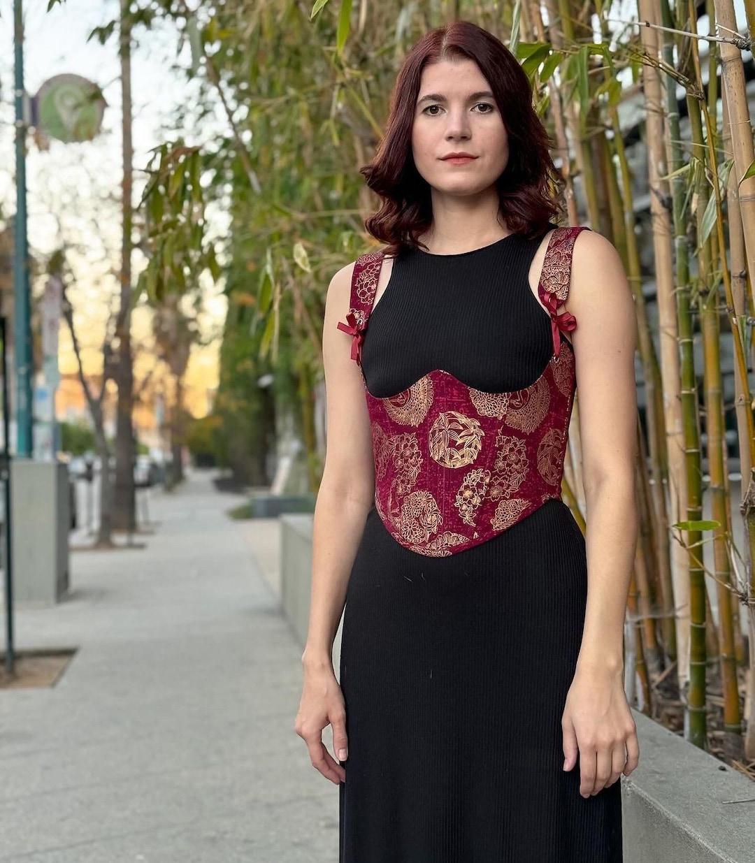 Burgundy Color Corset in Japanese Style Print. - Etsy