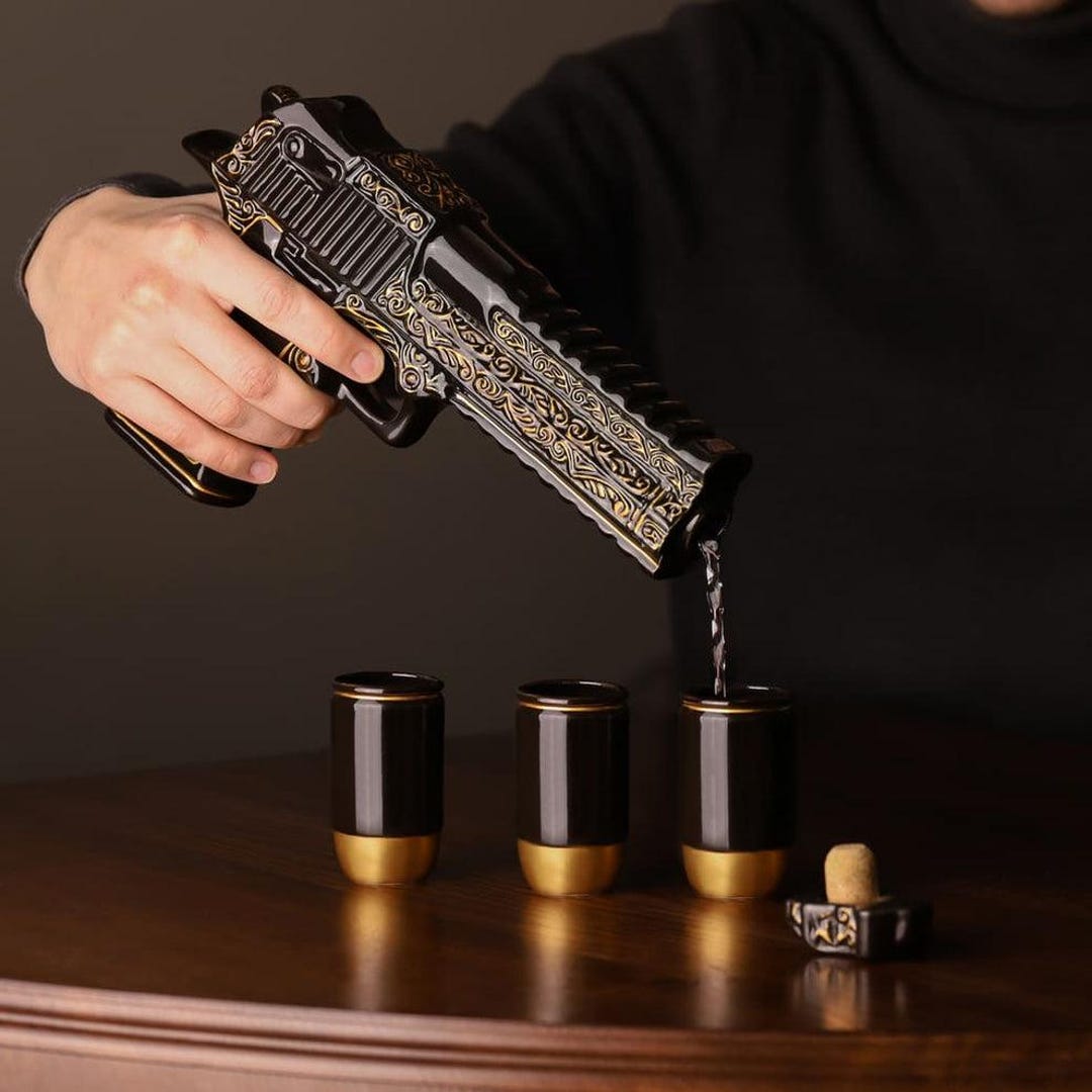 Hand Painted Pistol Whiskey Decanter - Black & Gold - 18oz, Bar Room ...