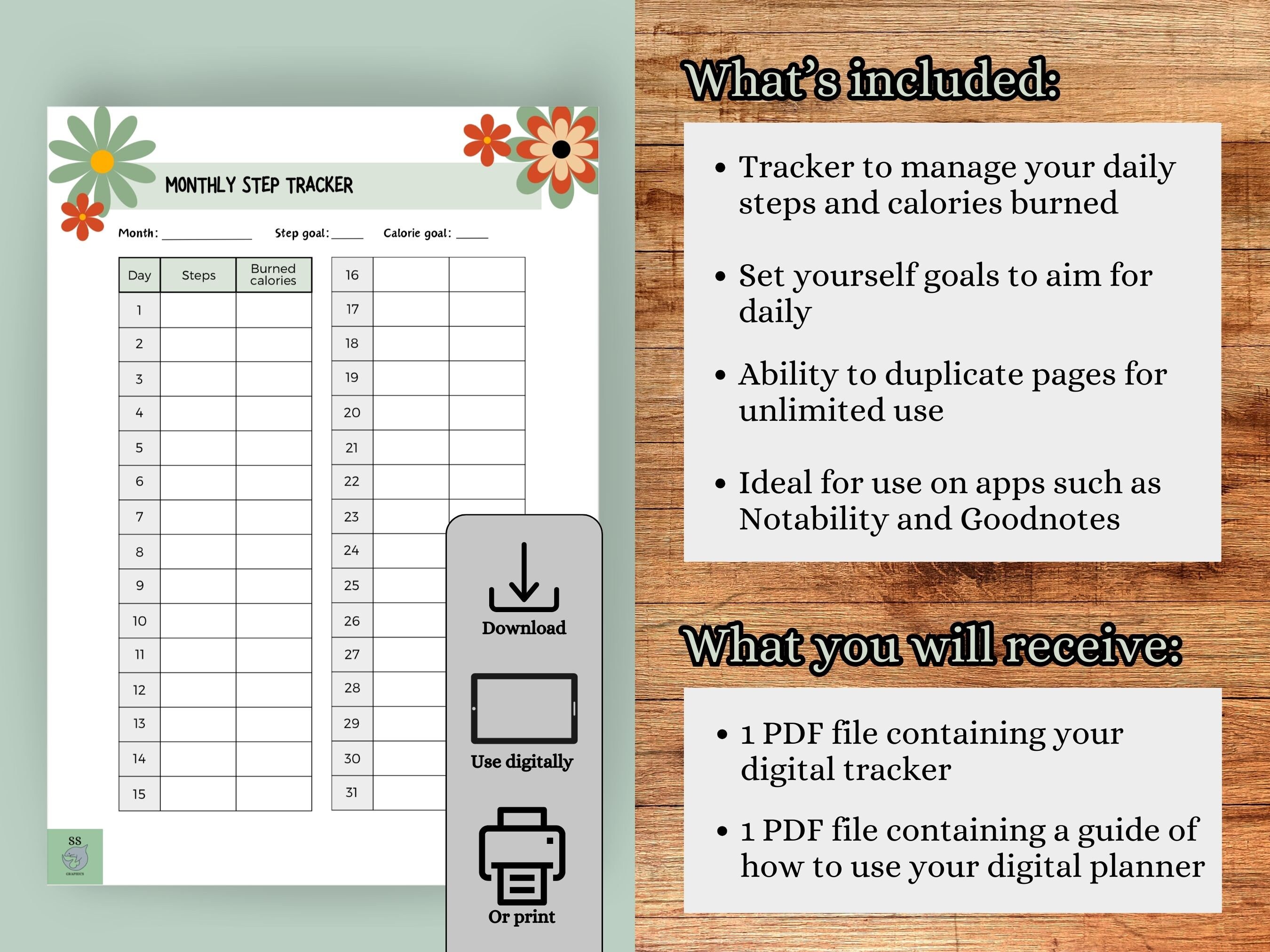 Digital Monthly Step Tracker, Printable, Fitness Planner, Calories Log ...