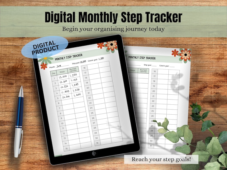 Digital Monthly Step Tracker, Printable, Fitness Planner, Calories Log ...