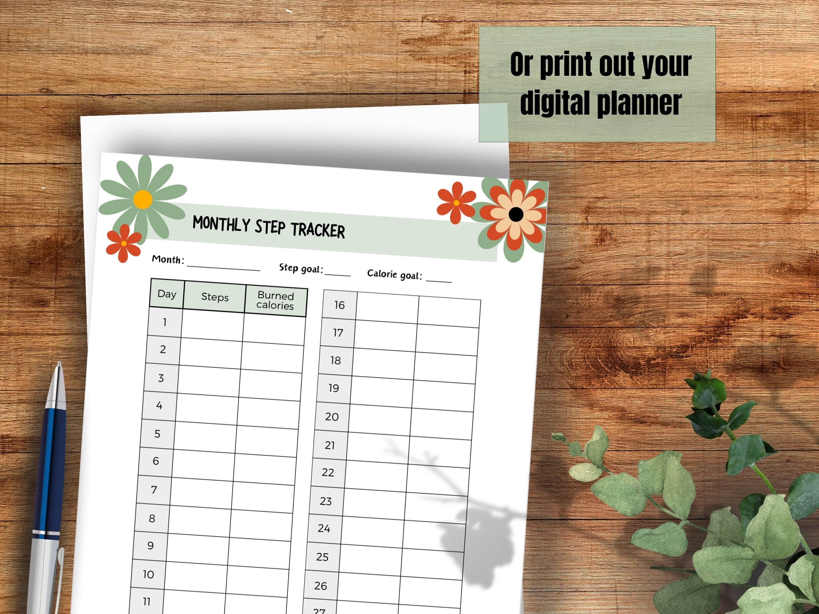 Digital Monthly Step Tracker, Printable, Fitness Planner, Calories Log ...