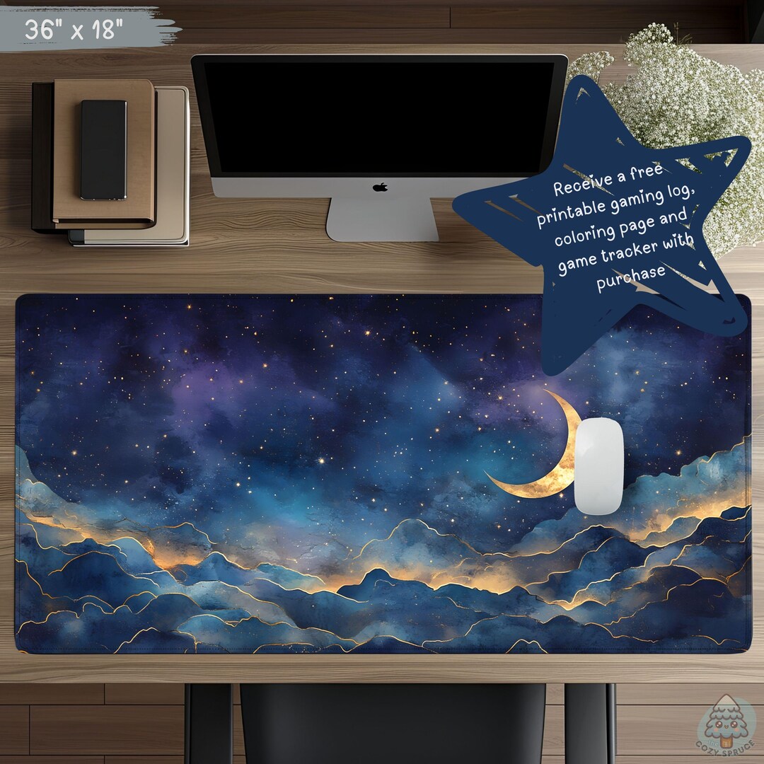 Celestial Night Sky Desk Mat - Moonlit Cloudscape Mouse Pad, Aesthetic Desk Pad, Gamer Gift, TCG ...