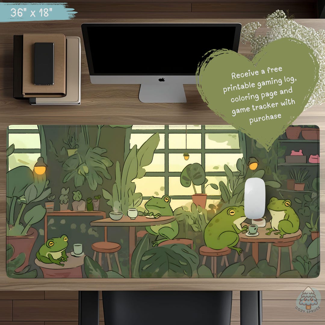 Frogs in a Cafe Desk Mat Anime Frog Green Desk Pad, Cute Lofi Mousepad ...