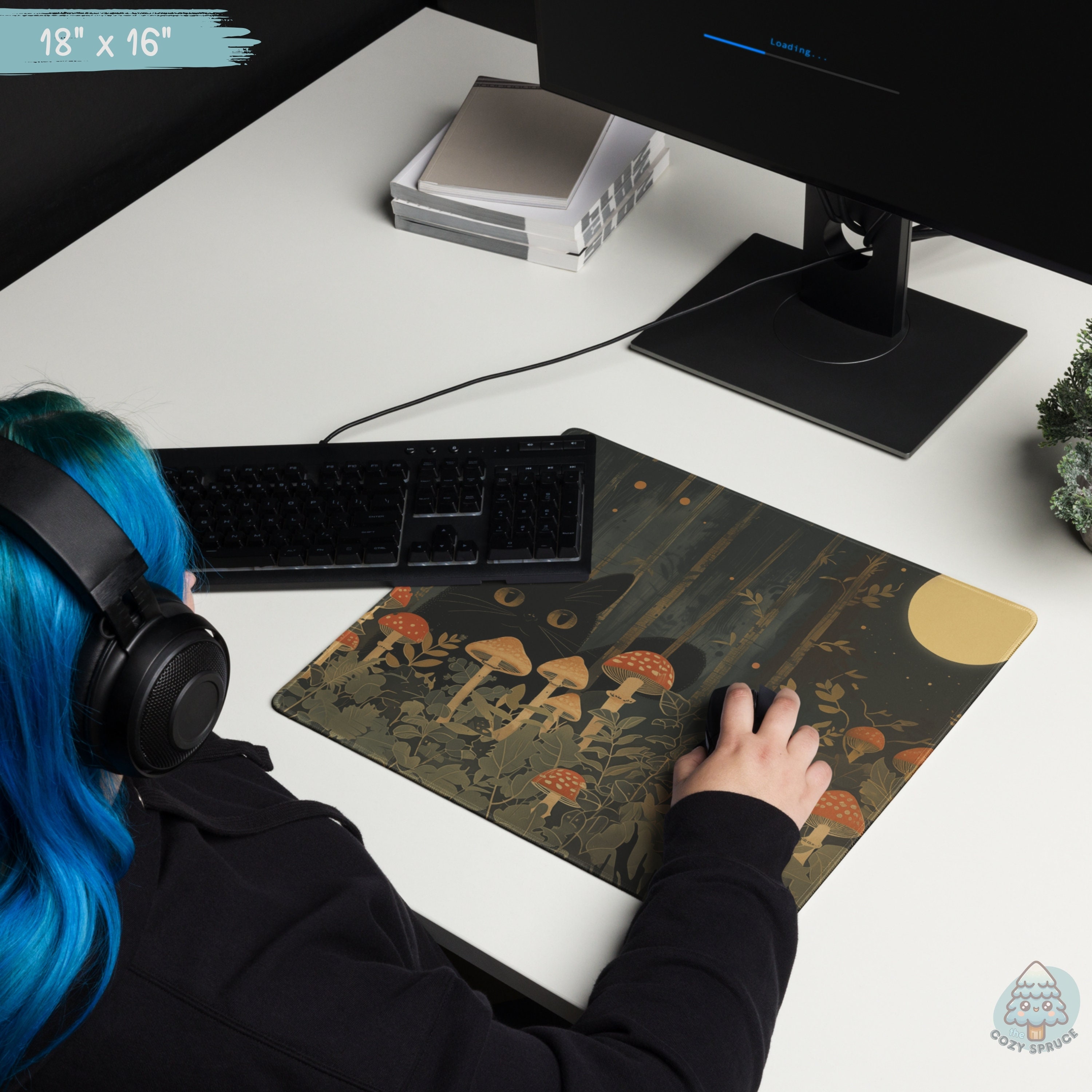 Witchy Black Cat Mushroom Desk Mat Wood Print Style Desk Mat, TCG ...