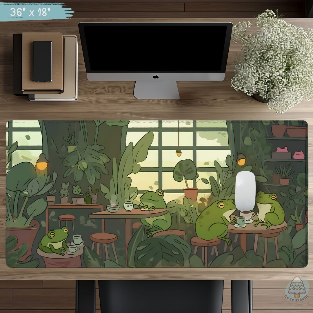 Frogs in a Cafe Desk Mat Anime Frog Green Desk Pad, Cute Lofi Mousepad ...