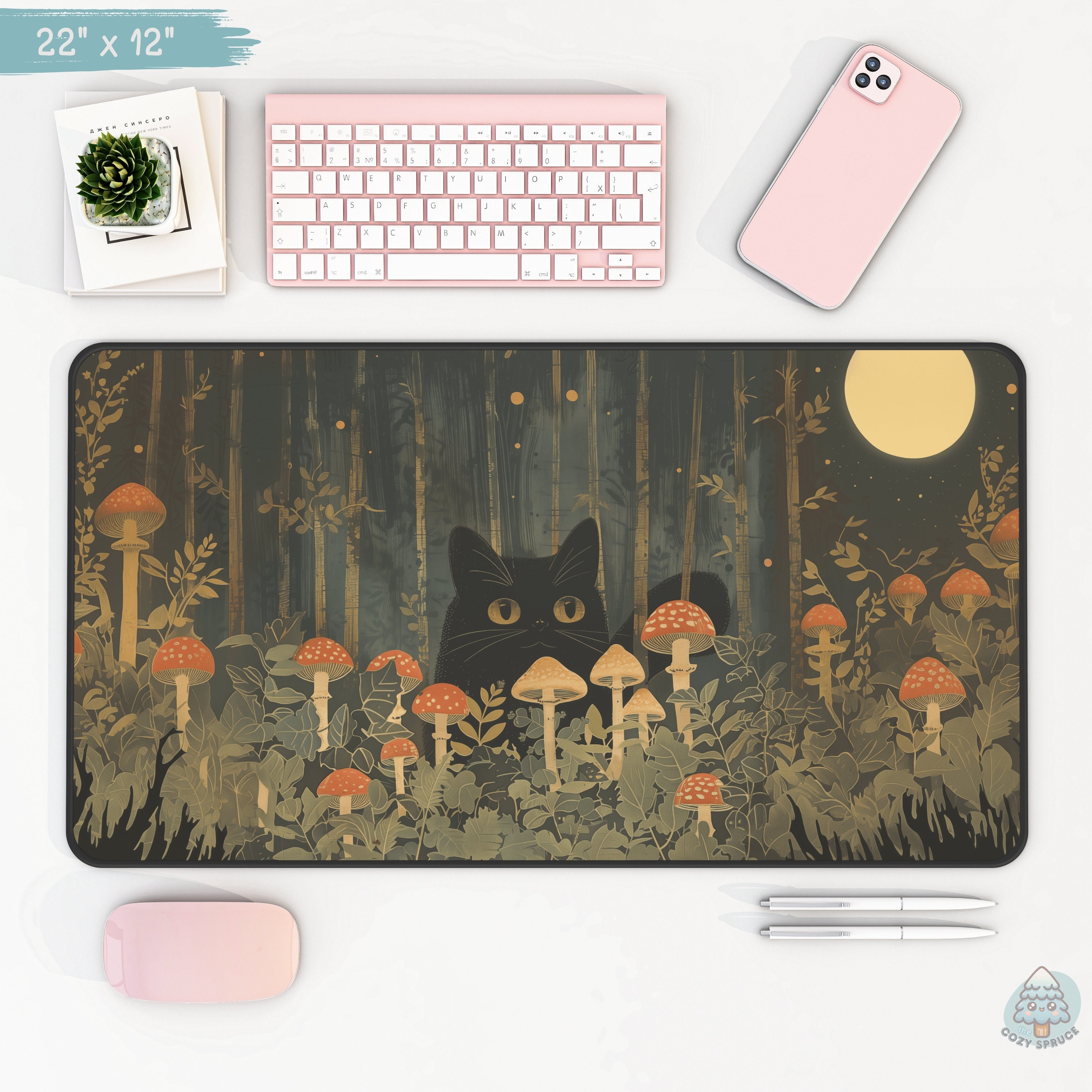 Witchy Black Cat Mushroom Desk Mat Wood Print Style Desk Mat, TCG ...
