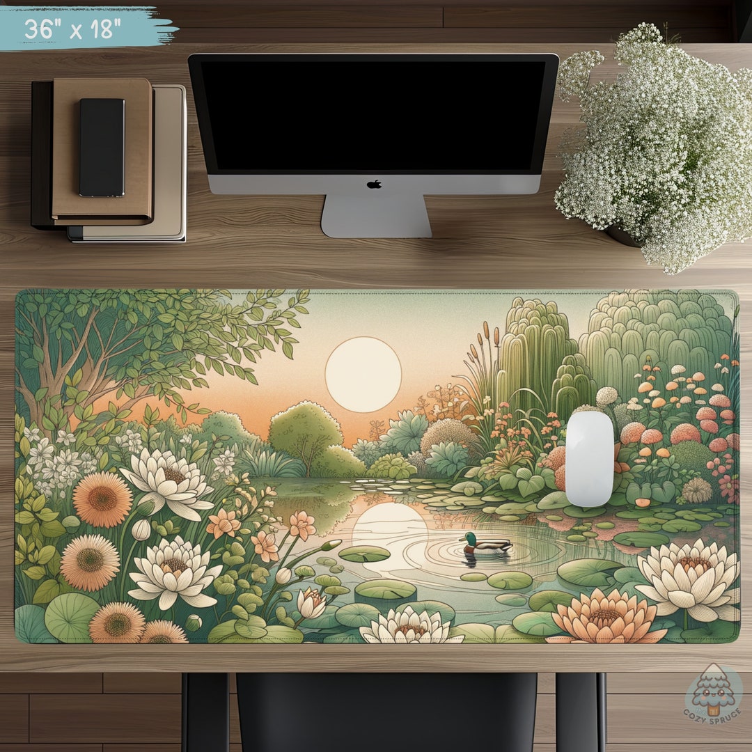 Aesthetic Duck Desk Mat Earth Tone Deskmat, Lush Pond Mouse Pad, Nature ...