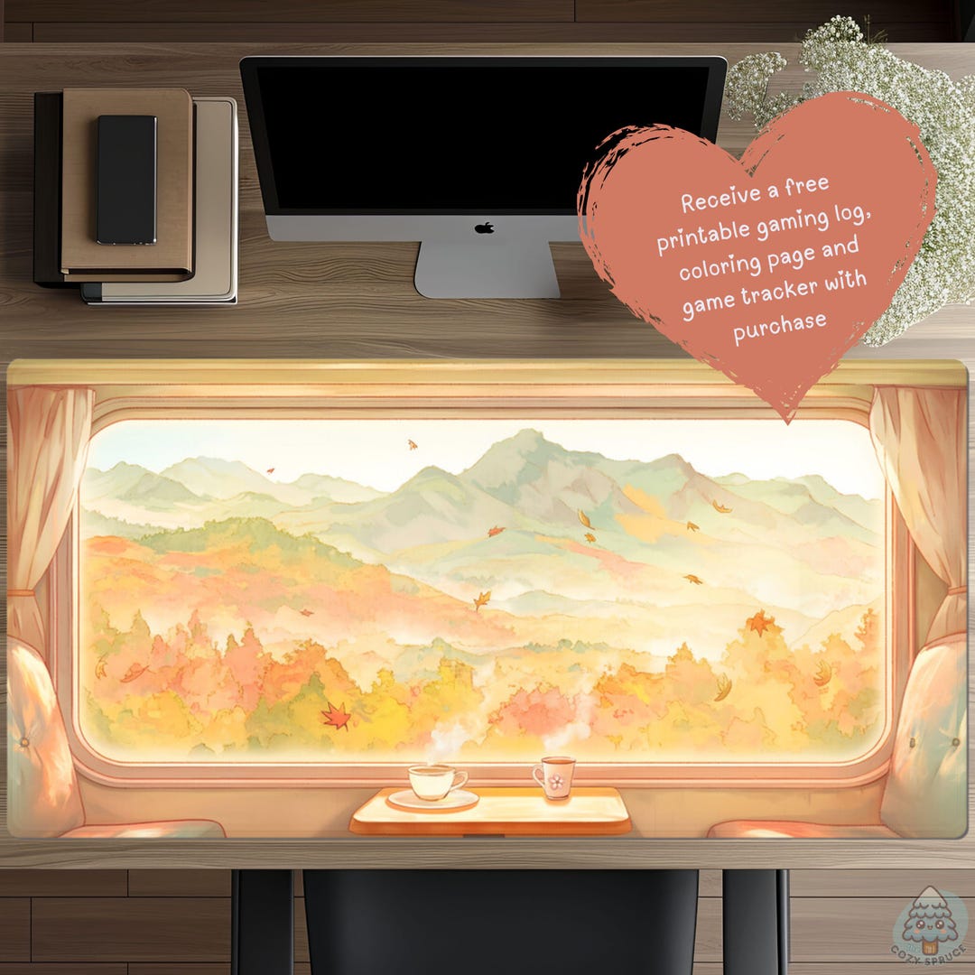 Cozy Train Ride Desk Mat - Warm Orange and Green Mouse Pad, Autumn ...