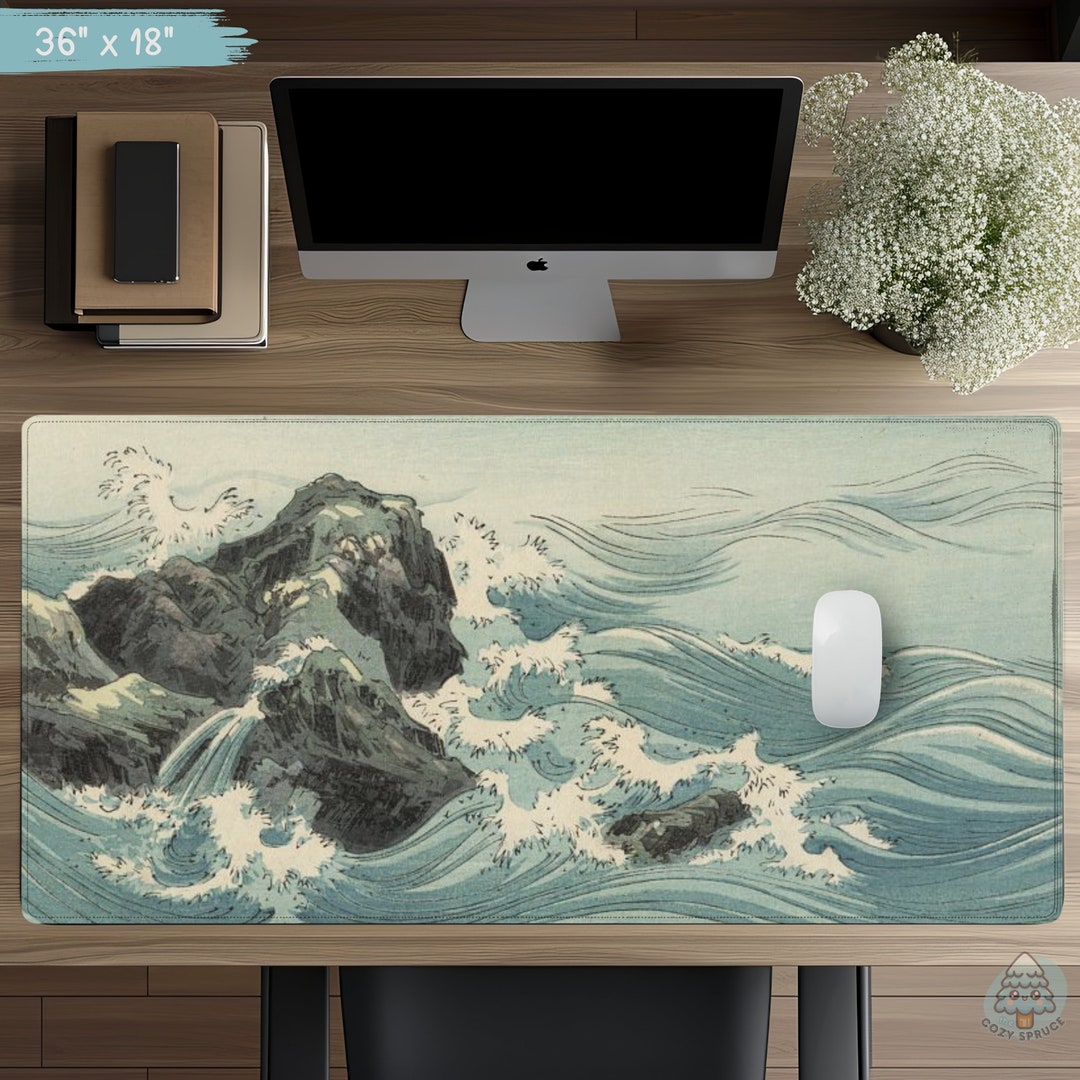 Japanese Waves Desk Mat Ukiyo-e Ocean Mouse Pad, Vintage Sea Desk Pad ...