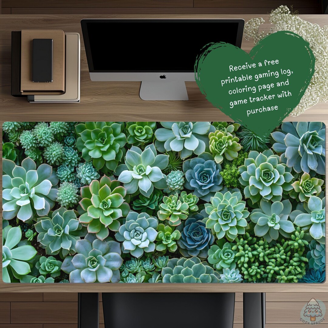 Succulents Desk Mat - Green Botanical Mouse Pad, Aesthetic Nature Desk ...