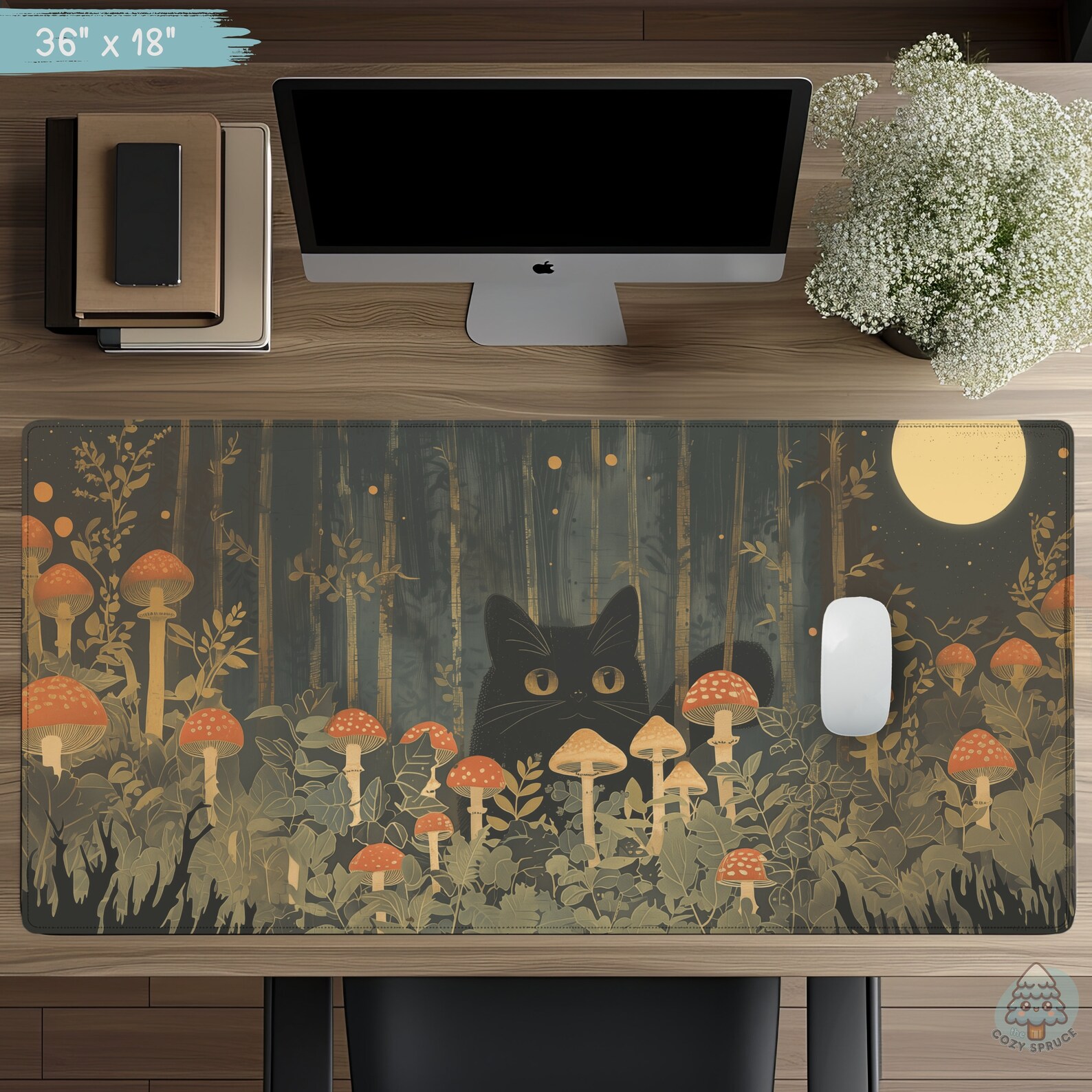 Witchy Black Cat Mushroom Desk Mat Wood Print Style Desk Mat, TCG ...