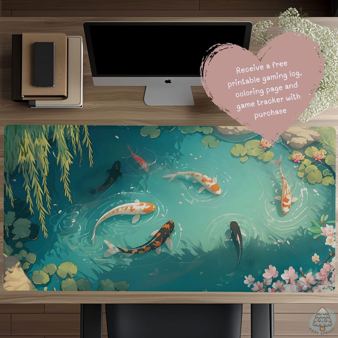 Koi Fish Pond Desk Mat – Serene Japanese Water Garden Mouse Pad, Floral ...