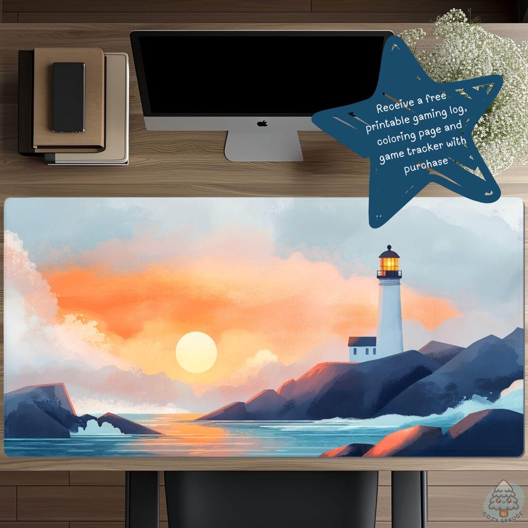 Lighthouse Sunset Desk Mat - Blue and Orange Ocean Mouse Pad, Coastal ...