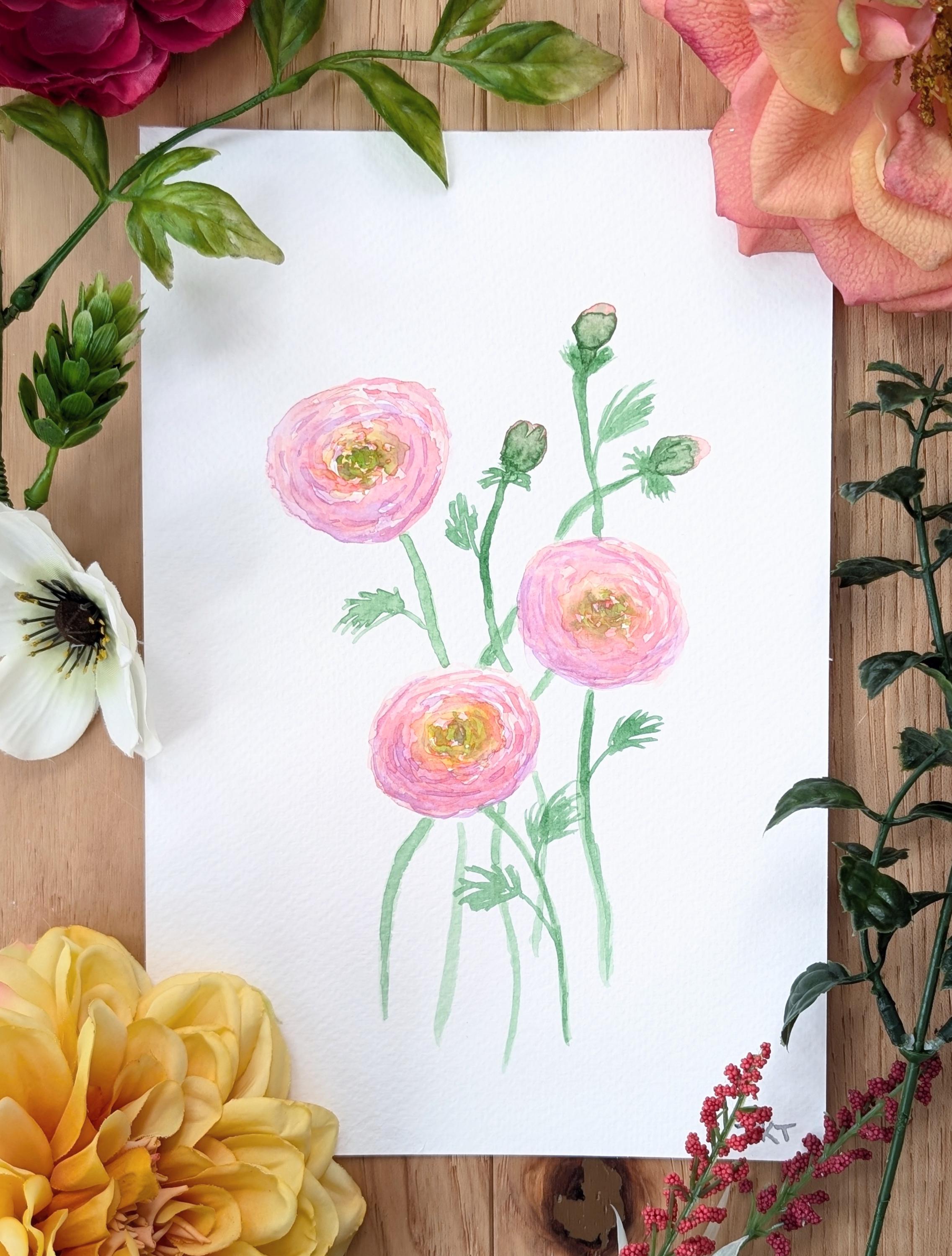 Hand-painted Pink Ranunculus Original Watercolour Spring Painting ...