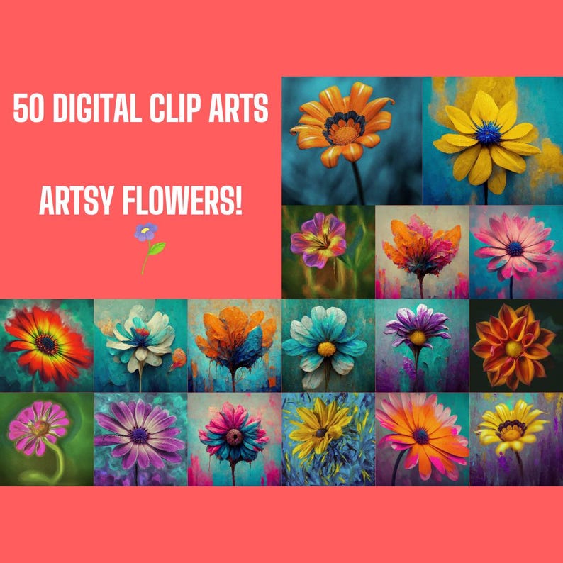 50 Artsy Flower Clip Art Bundle | Editable CANVA Templates | Wall Art ...