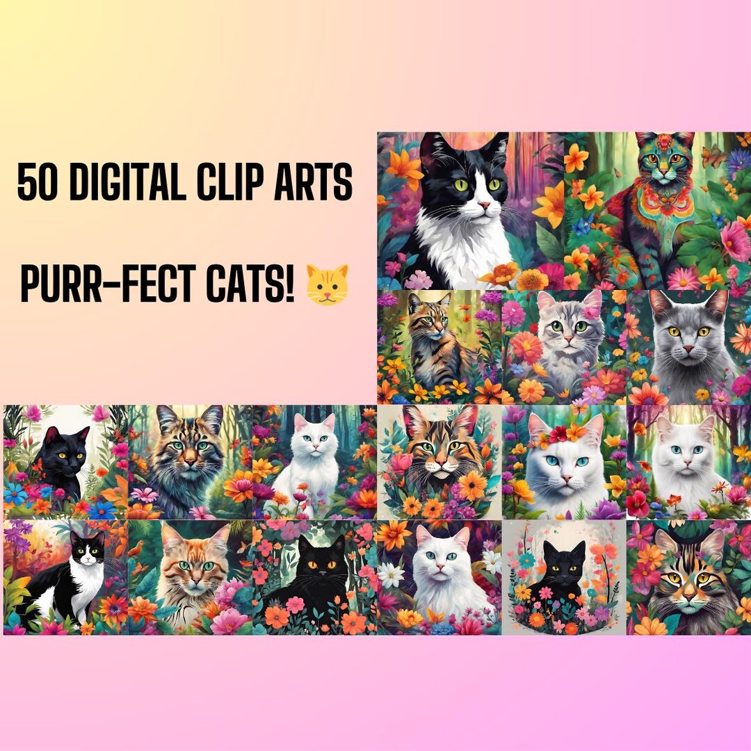 50 Cats Clip Art Bundle| Editable CANVA Templates | Wall Art | Print ...
