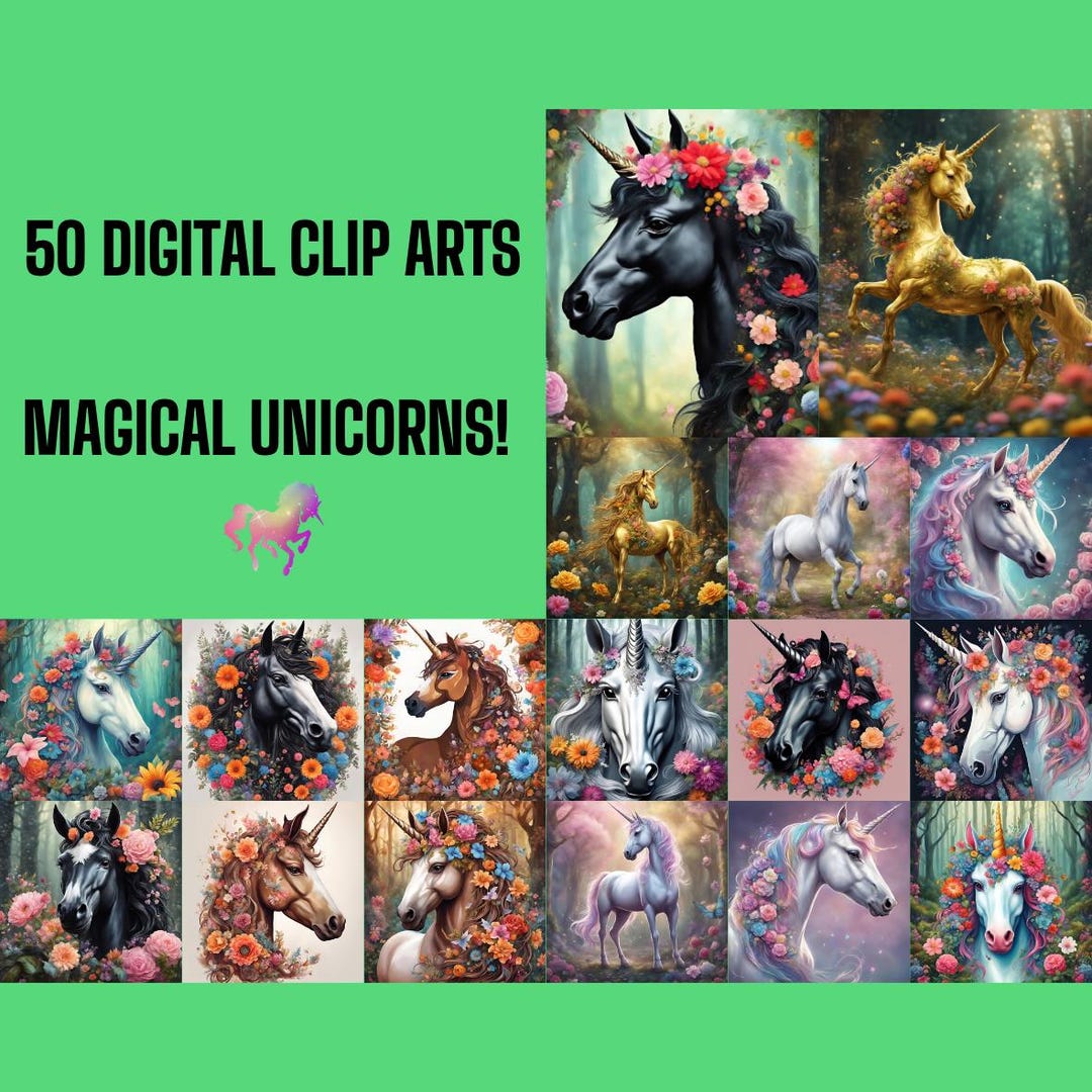 50 Magical Unicorn Clip Arts Bundle Editable CANVA Templates Wall Art ...