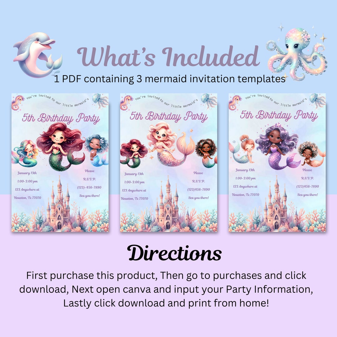 Mermaid Invitation, Mermaids Template, Girl Birthday Invitation, Little ...