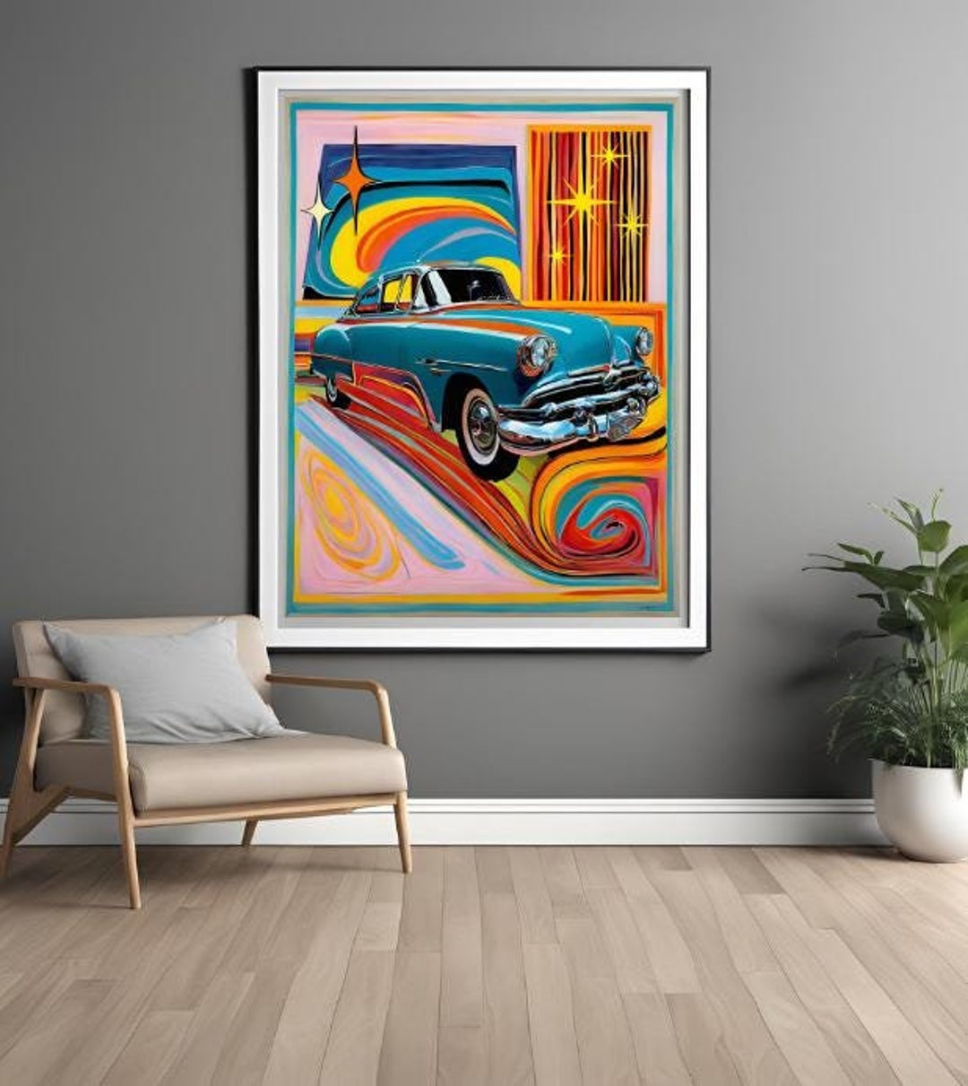 Nostalgic Retro-inspired Baby Blue Car Digital Art Print| Dorm Poster ...